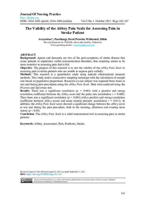 (PDF) The Validity of the Abbey Pain Scale for Assessing Pain in Stroke ...