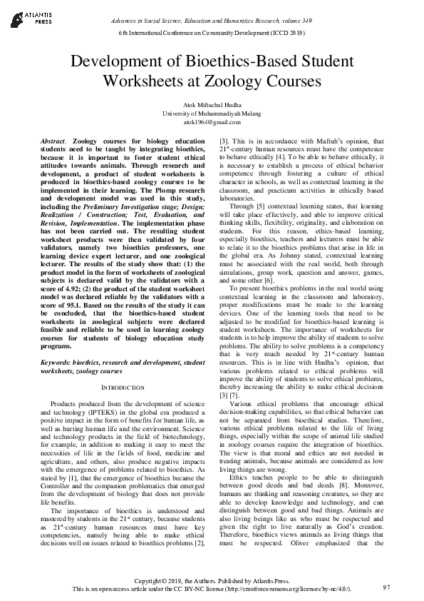 (PDF) Development of Bioethics-Based Student Worksheets at Zoology Courses