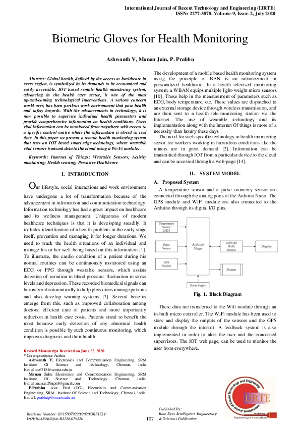 (PDF) Biometric Gloves for Health Monitoring