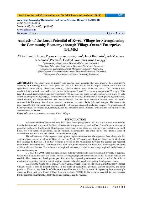 (PDF) Analysis of the Local Potential of Kweel Village for ...