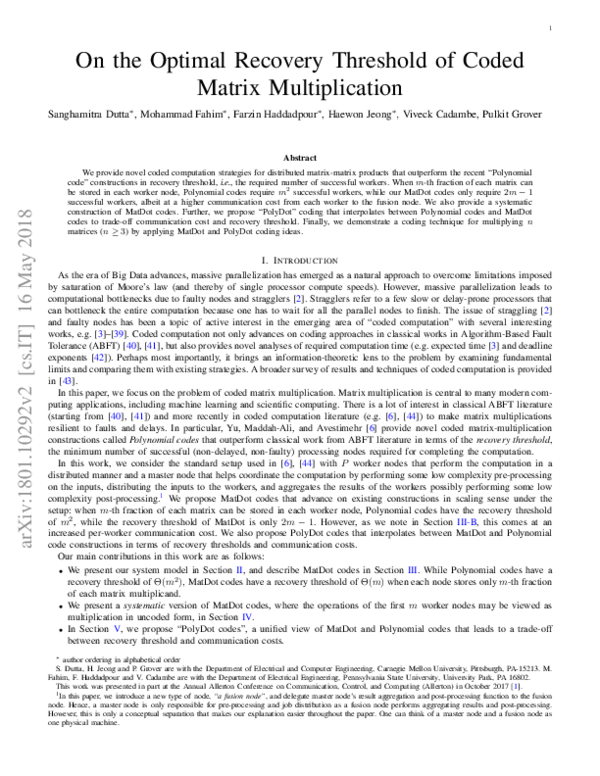 (PDF) On the Optimal Recovery Threshold of Coded Matrix Multiplication