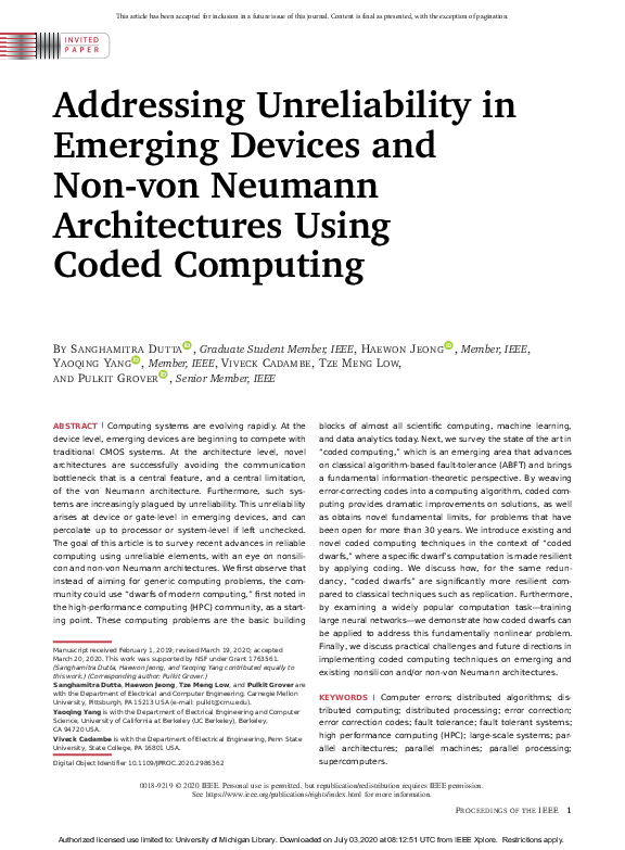 (PDF) Addressing Unreliability in Emerging Devices and Non-von Neumann Architectures Using Coded ...