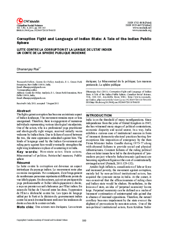 (PDF) Corruption Fight and Language of Indian State: A Tale of the ...
