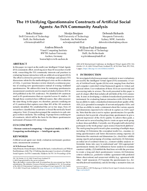 (PDF) The 19 Unifying Questionnaire Constructs of Artificial Social Agents