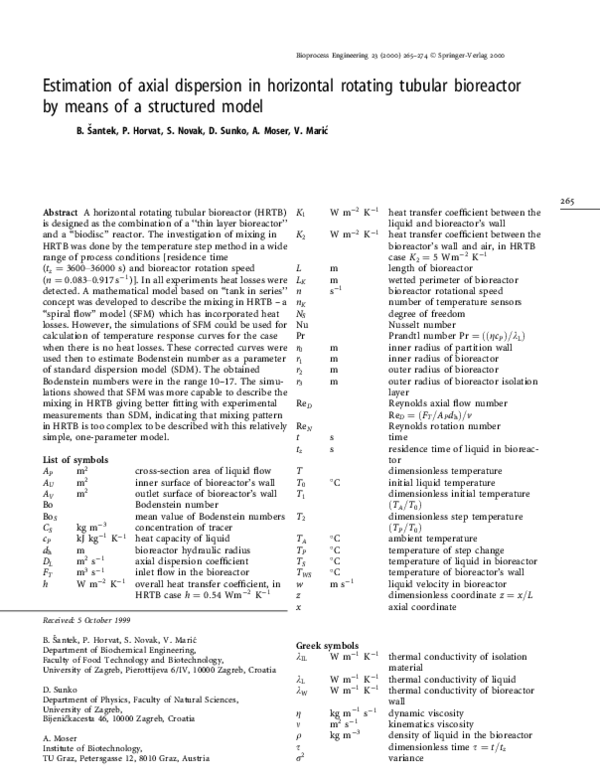 (PDF) Estimation of axial dispersion in horizontal rotating tubular bioreactor by means of a ...
