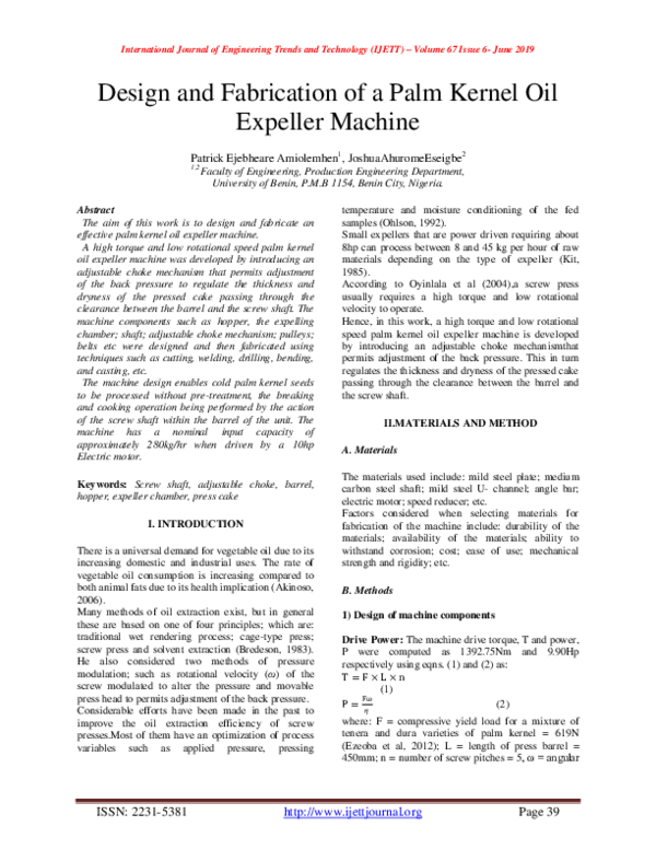 (PDF) Design and Fabrication of a Palm Kernel Oil Expeller Machine