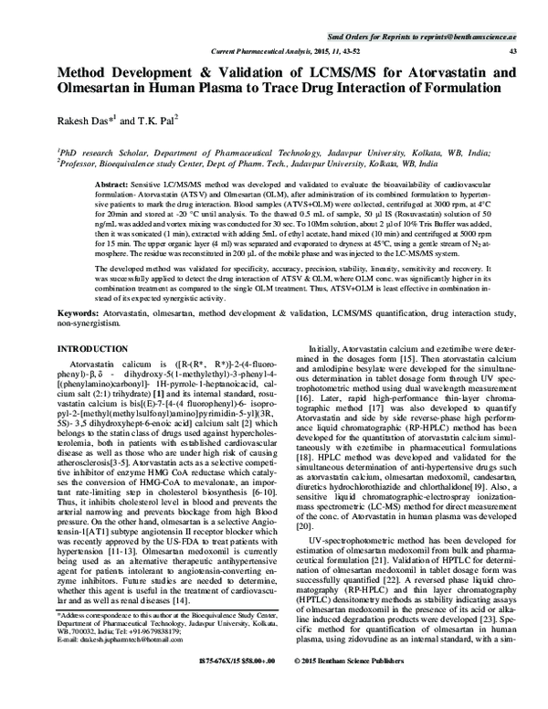 Method Development & Validation of LCMS/MS for Atorvastatin and Olmesartan in Human Plasma to ...