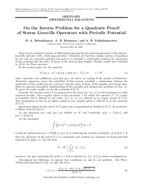 (PDF) On the Inverse Problem for a Quadratic Pencil of Sturm-Liouville Operators with Periodic ...