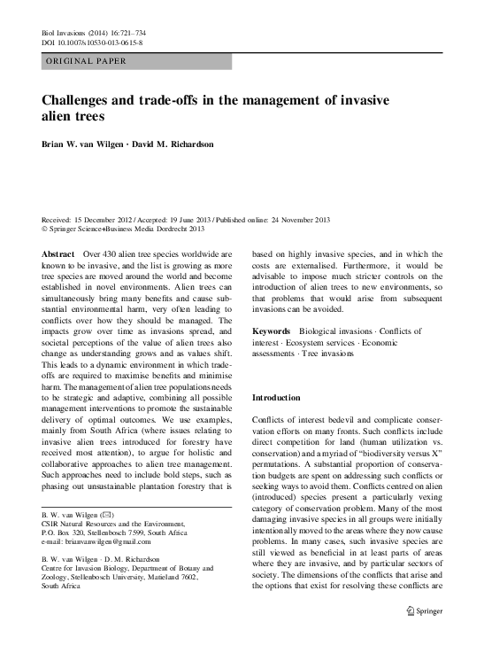 (PDF) Challenges and trade-offs in the management of invasive alien trees