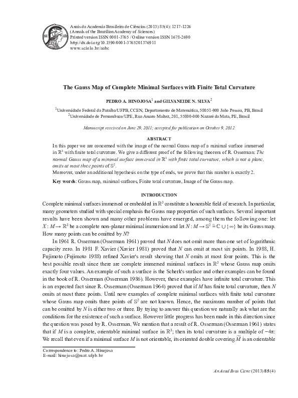 (PDF) The Gauss Map of Complete Minimal Surfaces with Finite Total ...