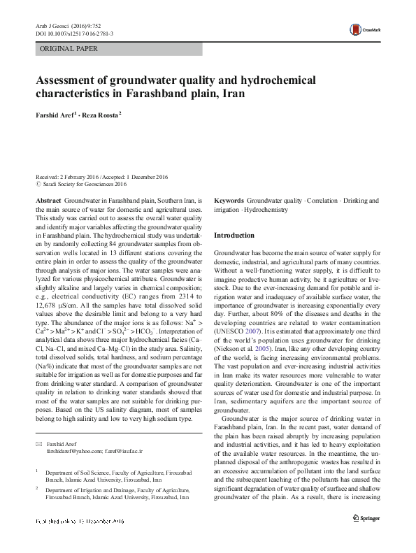 (PDF) Assessment of groundwater quality and hydrochemical ...