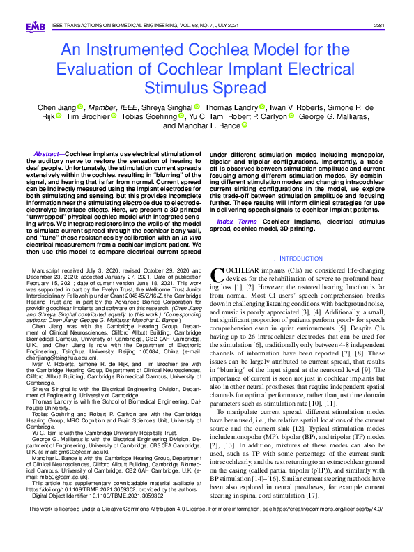 (PDF) An Instrumented Cochlea Model for the Evaluation of Cochlear ...
