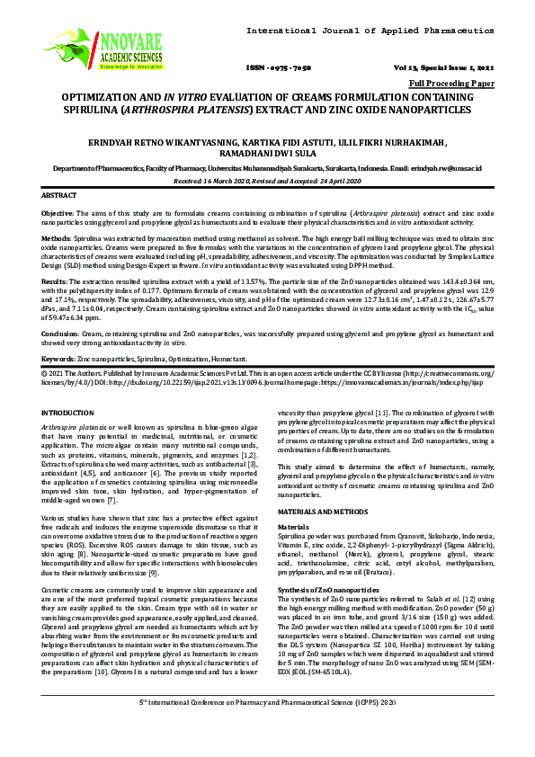 Pdf Optimization And In Vitro Evaluation Of Creams Formulation Containing Spirulina