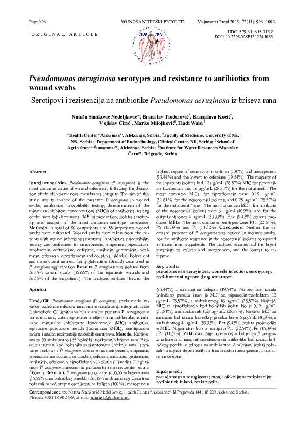 (PDF) Pseudomonas aeruginosa serotypes and resistance to antibiotics ...