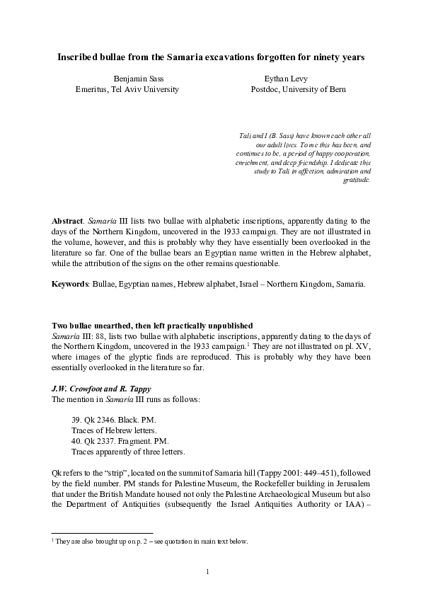 (PDF) SASS & LEVY PRE PRINT, Inscribed bullae from the Samaria ...
