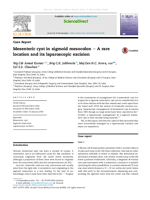 (PDF) Mesenteric cyst in sigmoid mesocolon – A rare location and its ...