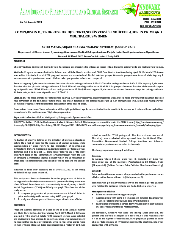 (PDF) COMPARISON OF PROGRESSION OF SPONTANEOUS VERSUS INDUCED LABOR IN ...