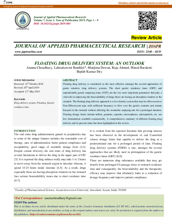 Pdf Floating Drug Delivery System An Outlook Lalmalsawmi Renthlei