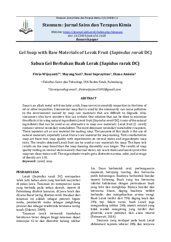 (PDF) The Gel Soap with Raw Materials of Lerak Fruit (Sapindus rarak DC)