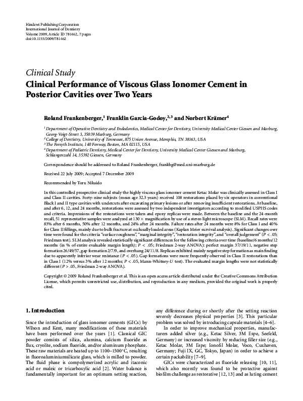 (PDF) Clinical Performance of Viscous Glass Ionomer Cement in Posterior ...