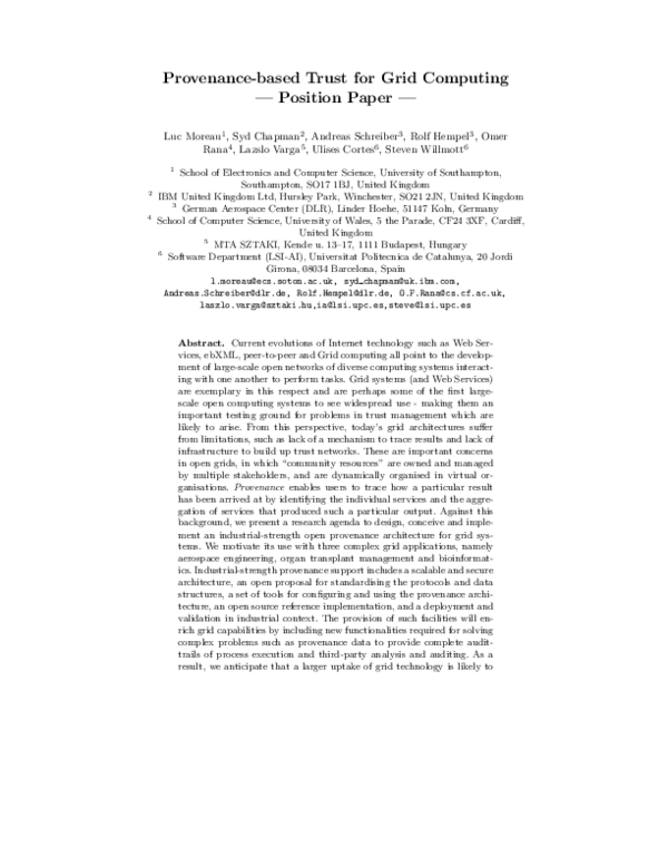 (PDF) Provenance-based Trust for Grid Computing-Position Paper