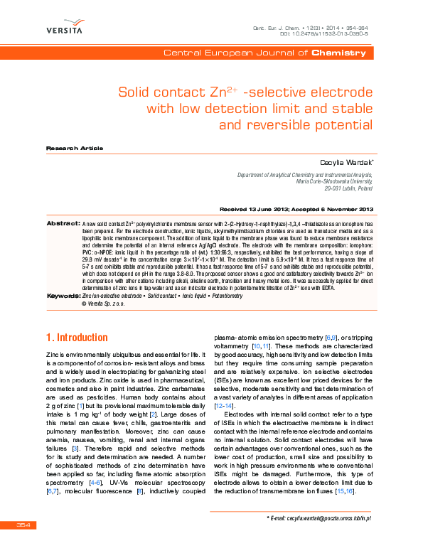 (PDF) Solid contact Zn2+ -selective electrode with low detection limit and stable and reversible ...