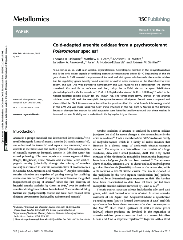 (PDF) Cold-adapted arsenite oxidase from a psychrotolerant Polaromonas ...