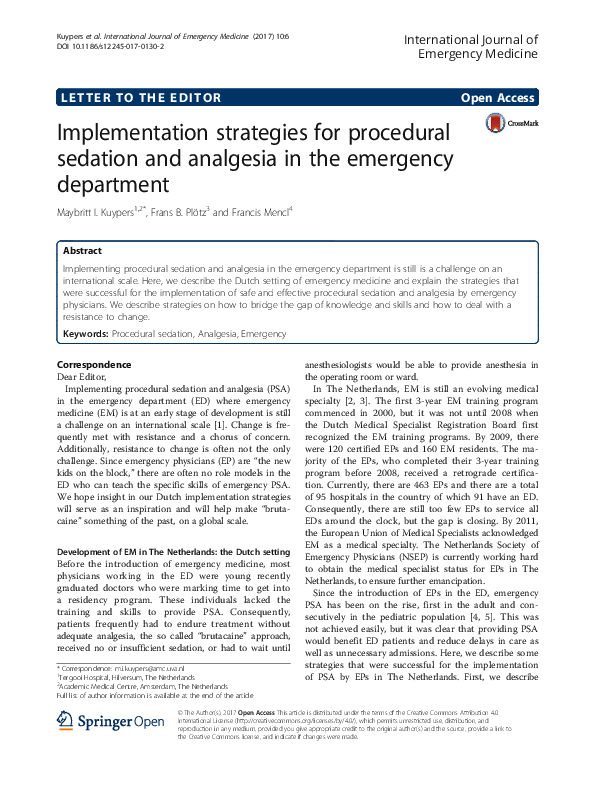 (PDF) Implementation strategies for procedural sedation and analgesia in the emergency department