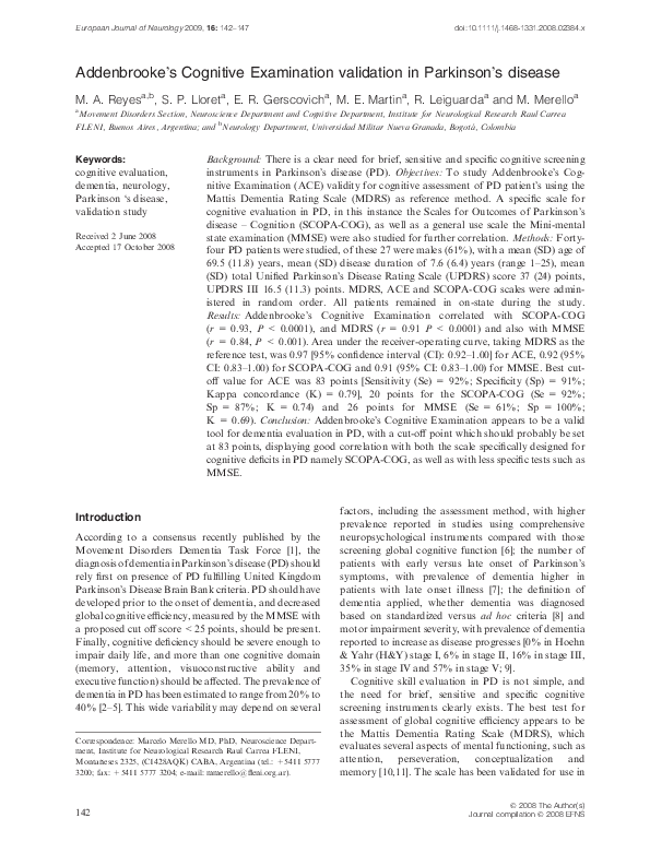 (PDF) Addenbrooke’s Cognitive Examination validation in Parkinson’s ... (PDF) Addenbrooke’s Cognitive Examination validation in Parkinson’s ...