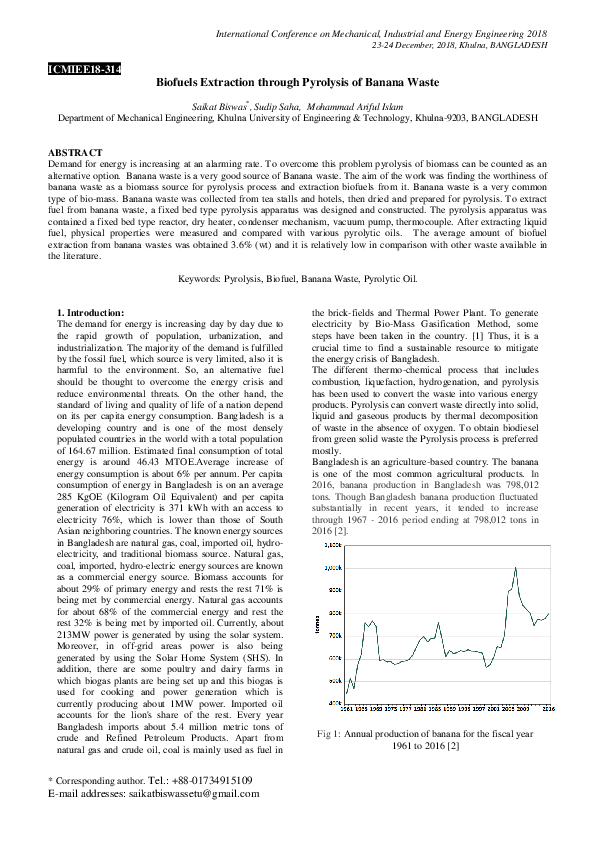 (PDF) Biofuels Extraction through Pyrolysis of Banana Waste