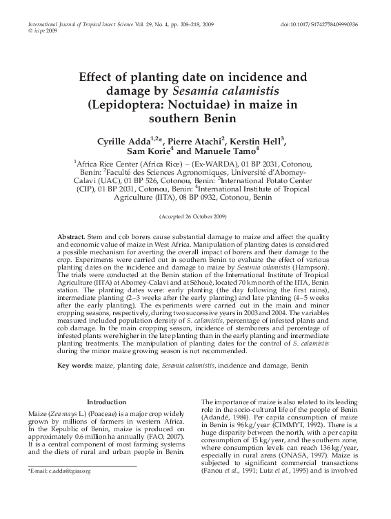 (PDF) Effect of planting date on incidence and damage by Sesamia ...