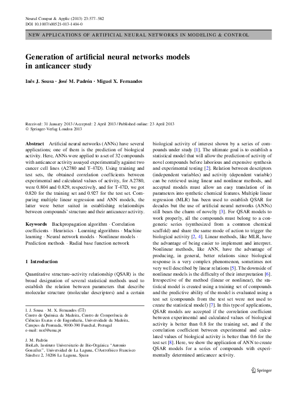 (PDF) Generation of artificial neural networks models in anticancer study