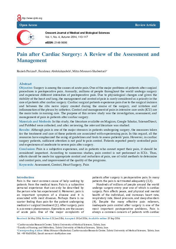 (PDF) Pain after Cardiac Surgery: A Review of the Assessment and Management