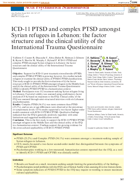 (PDF) ICD-11 PTSD and complex PTSD amongst Syrian refugees in Lebanon ...