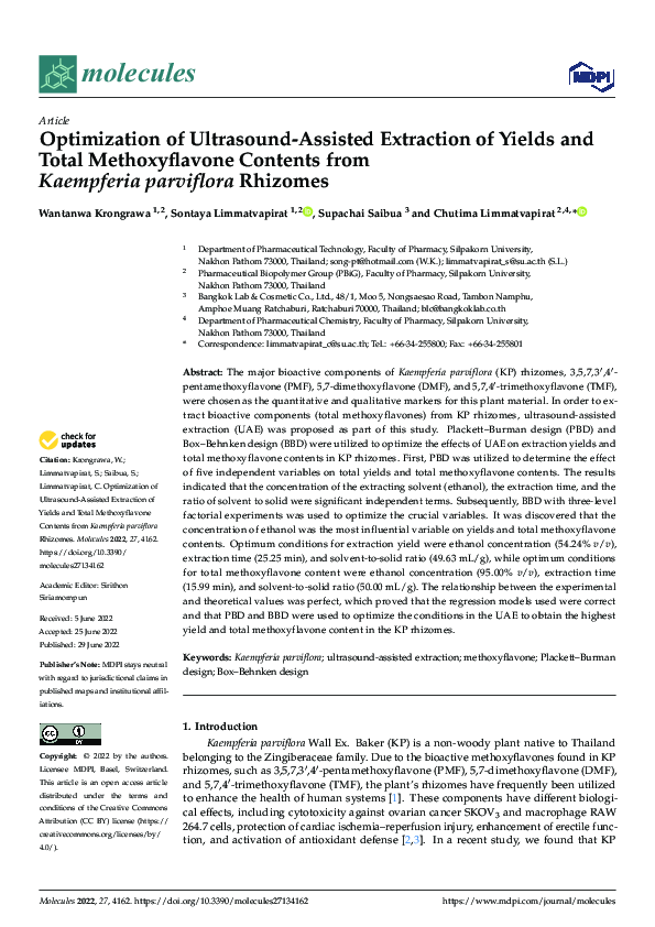 (PDF) Optimization of Ultrasound-Assisted Extraction of Yields and Total Methoxyflavone Contents ...