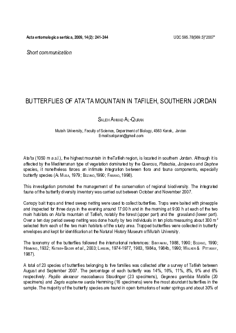 (PDF) Butterflies of Ata'ta mountain in Tafileh, Southern Jordan