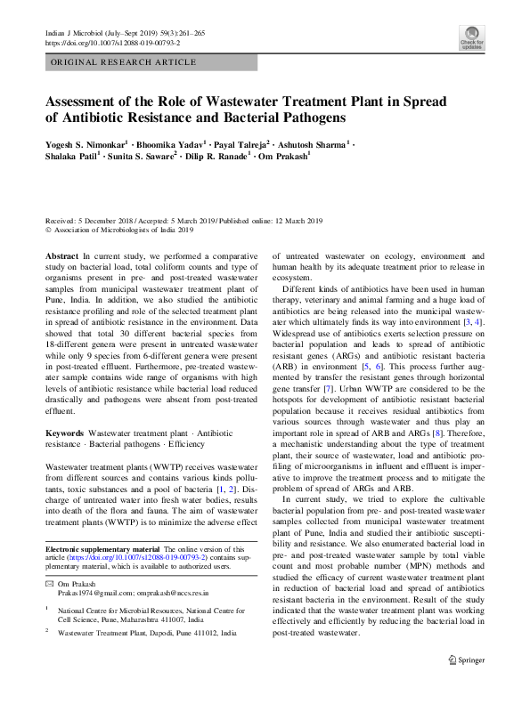 (PDF) Assessment of the Role of Wastewater Treatment Plant in Spread of Antibiotic Resistance ...