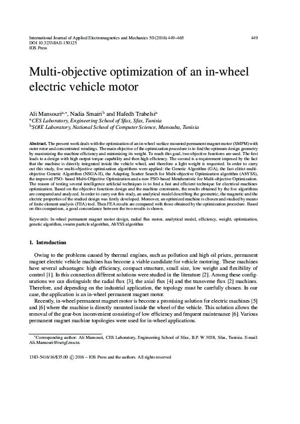 Pdf Multi Objective Optimization Of An In Wheel Electric Vehicle Motor