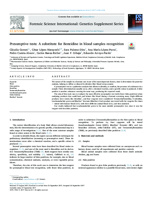 (PDF) Presumptive tests: A substitute for Benzidine in blood samples ...