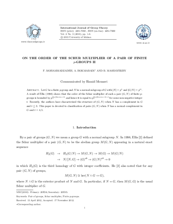 (PDF) On the Order of the Schur Multiplier of a Pair of Finite p-Groups