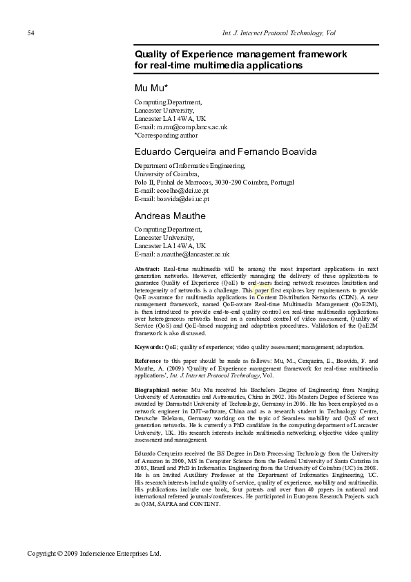 (PDF) Quality of Experience management framework for real-time multimedia applications