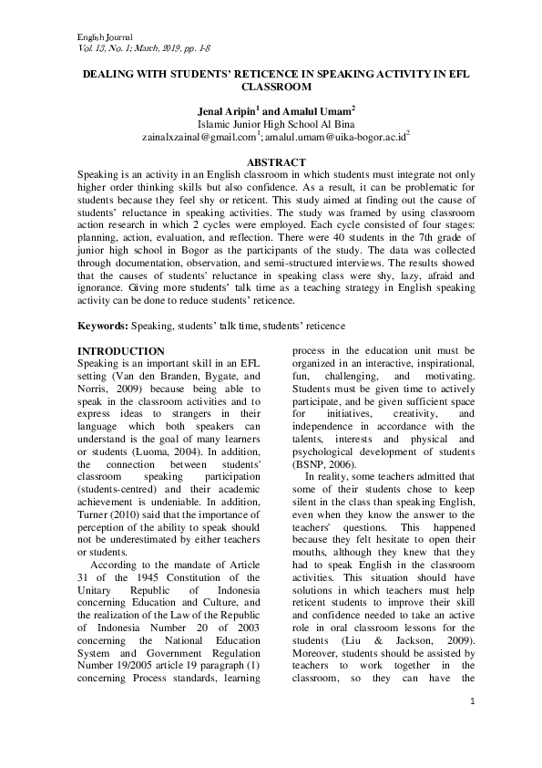 (PDF) Dealing with Students’ Reticence in Speaking Activity in Efl ...