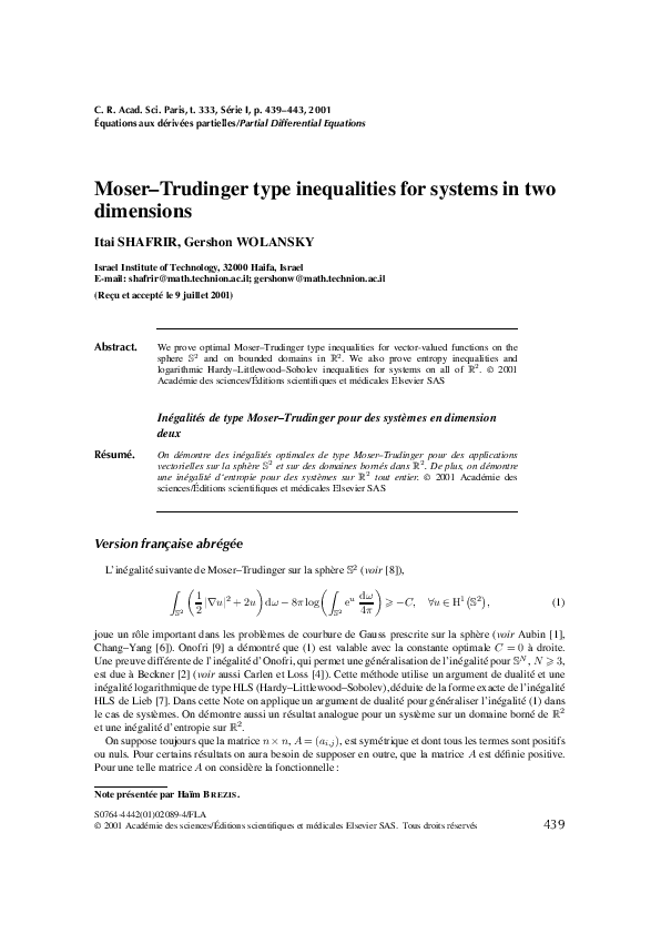 (PDF) Moser–Trudinger type inequalities for systems in two dimensions