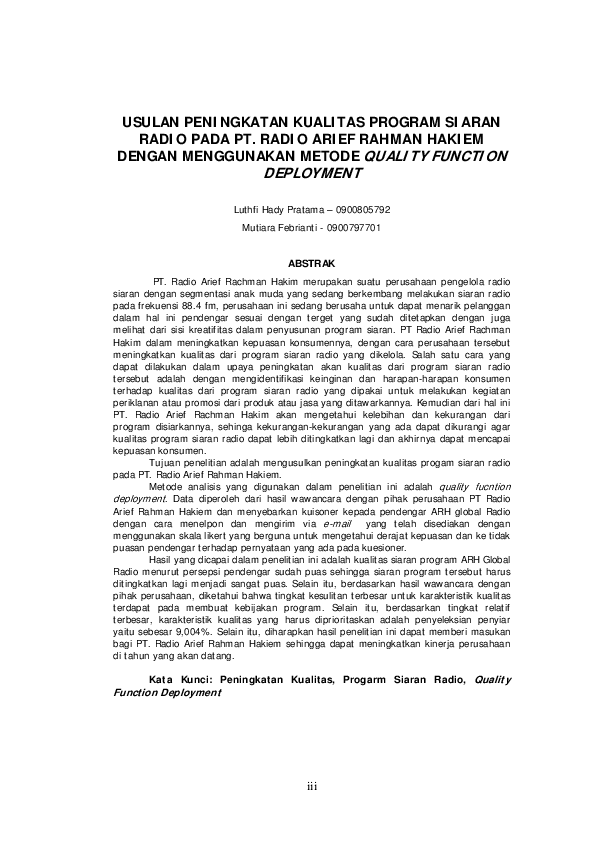 (PDF) Usulan Peningkatan Kualitas Program Siaran Radio Pada Pt. Radio Arief Rahman Hakiem Dengan ...