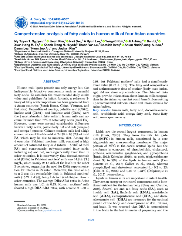 (PDF) Comprehensive analysis of fatty acids in human milk of four Asian countries