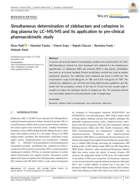(PDF) Simultaneous determination of zidebactam and cefepime in dog ...