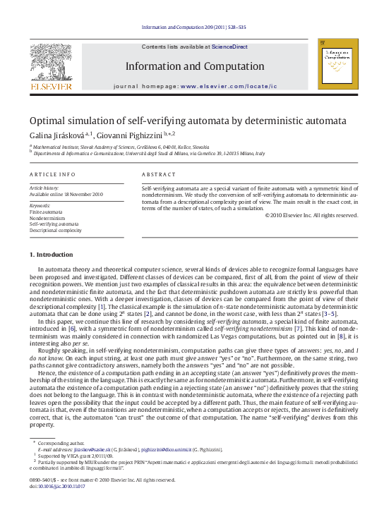 (PDF) Optimal simulation of self-verifying automata by deterministic ...