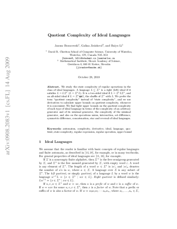 (PDF) Quotient complexity of ideal languages