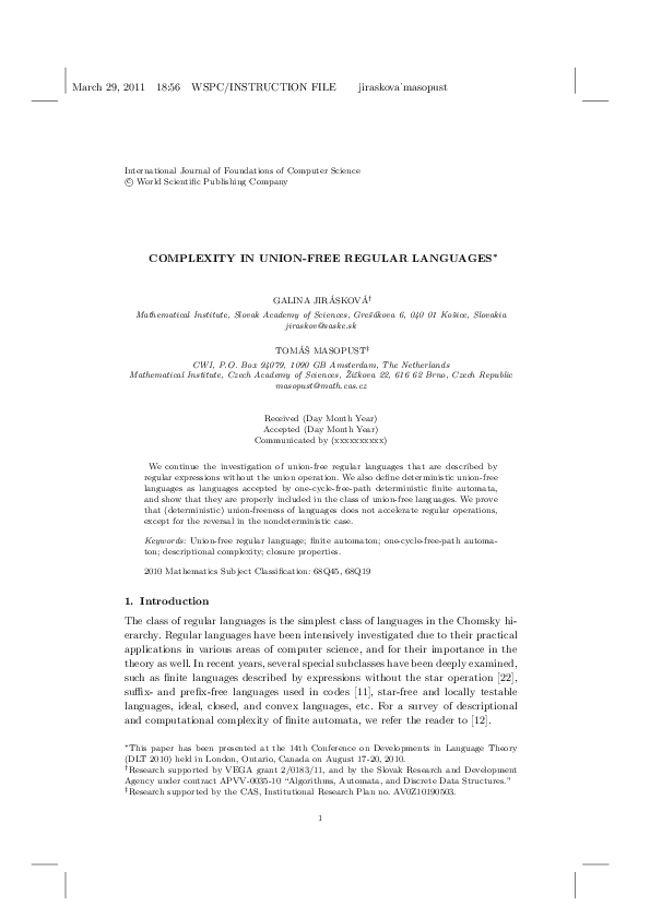 (PDF) Complexity in Union-Free Regular Languages | Galina Jiraskova - Academia.edu