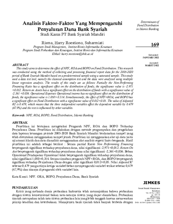 (PDF) Analisis Faktor-Faktor Yang Mempengaruhi Penyaluran Dana Bank Syariah